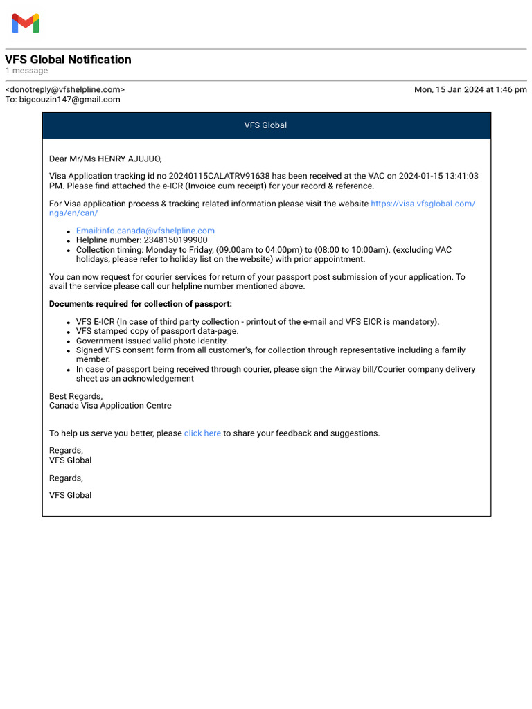 VFS Global Visa Application Notification | PDF