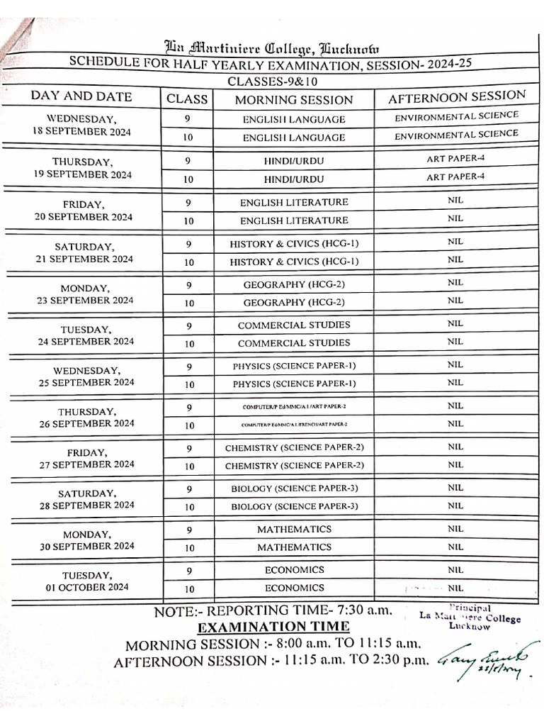Class 9 & 10 Half Yearly Examinations Schedule | PDF