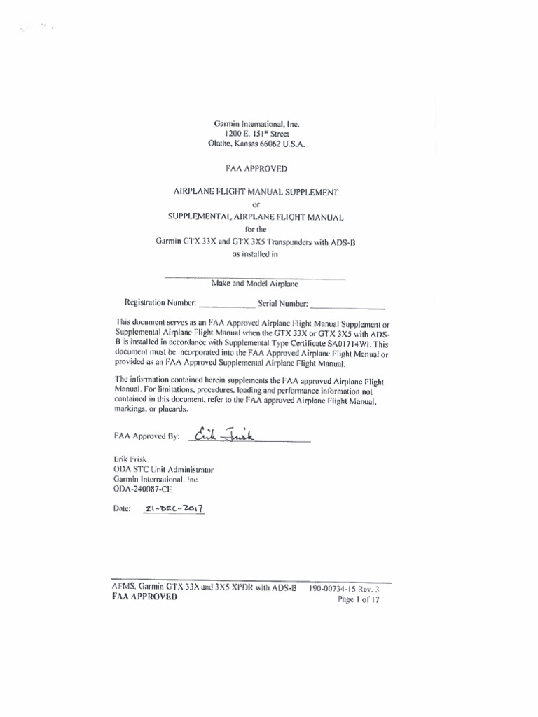 FAA AFM Supplement GTX 33X and GTX 3X5 Transponders | PDF