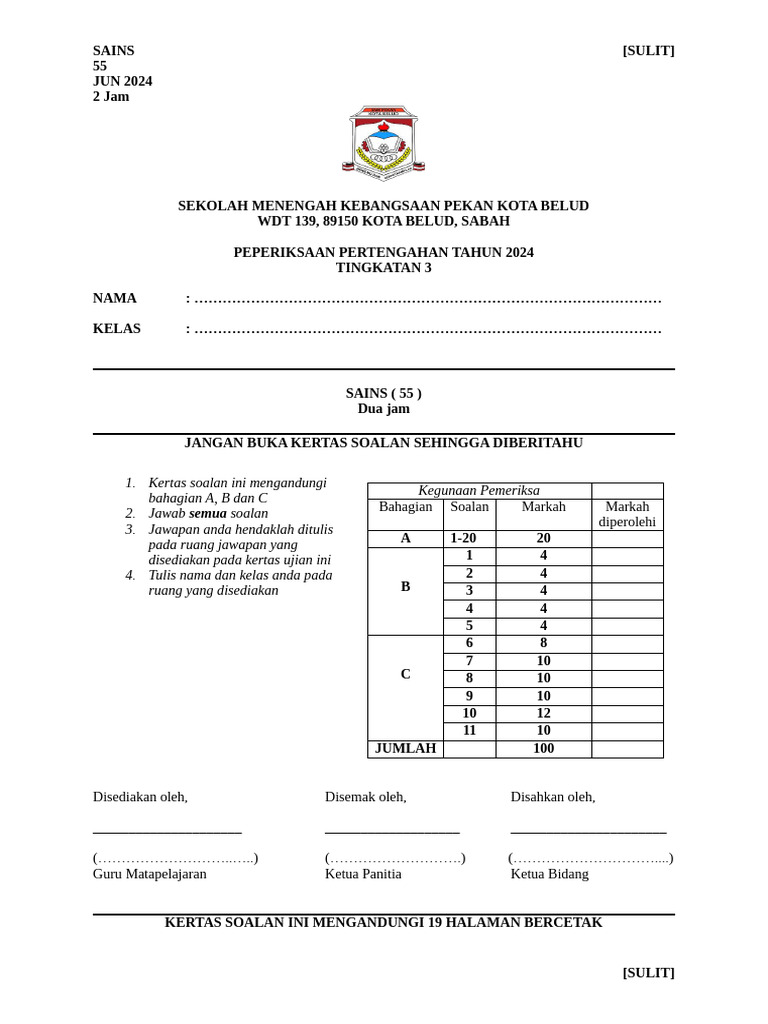 Muka Depan Kertas Peperiksaan | PDF