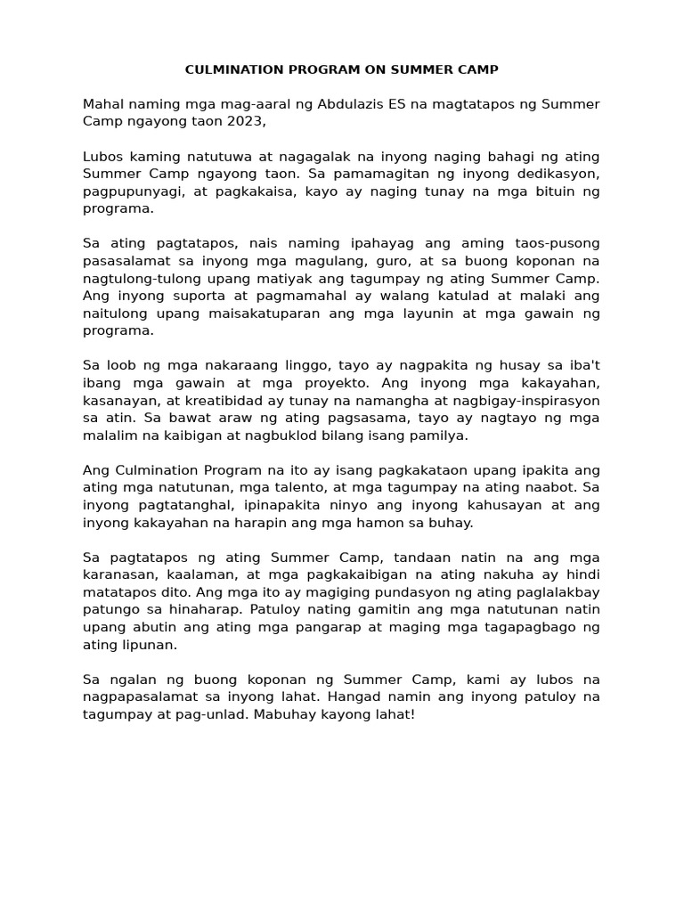 CULMINATION PROGRAM ON SUMMER CAMP | PDF