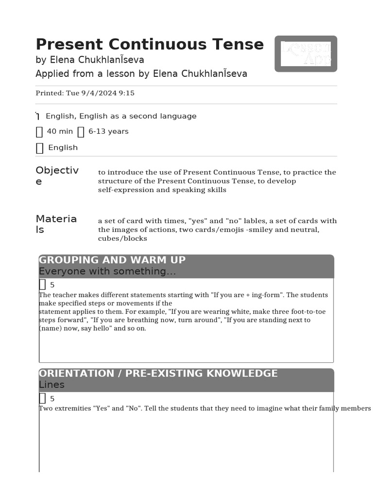 Present Continuous Lesson Plan | PDF