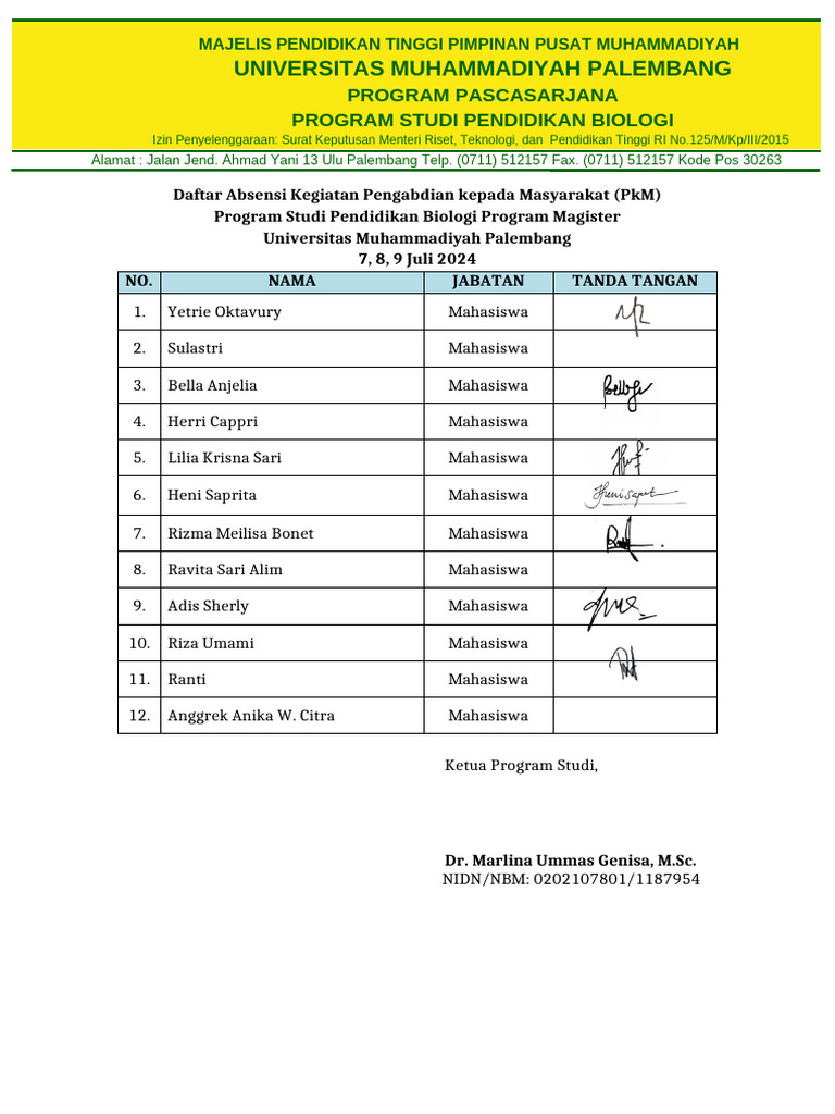 Daftar Hadir PkM Mahasiswa | PDF
