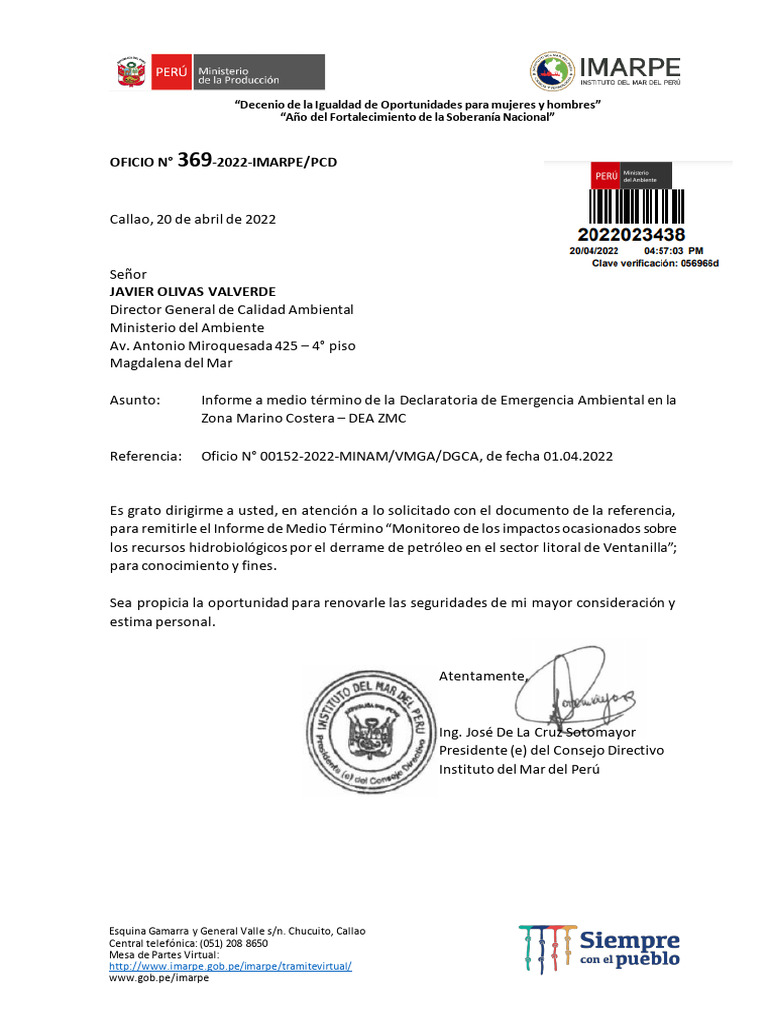 Oficio N°369-2022-IMARPE | PDF