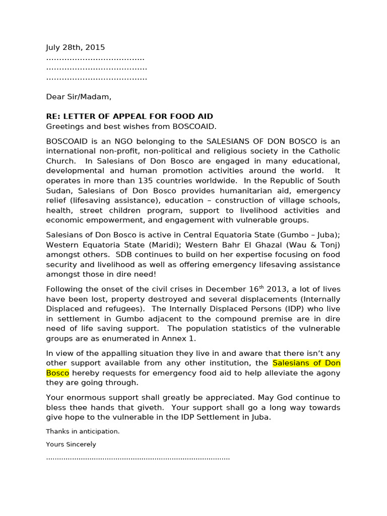 South Sudan Food Aid Appeal Letter | PDF | South Sudan | Aids