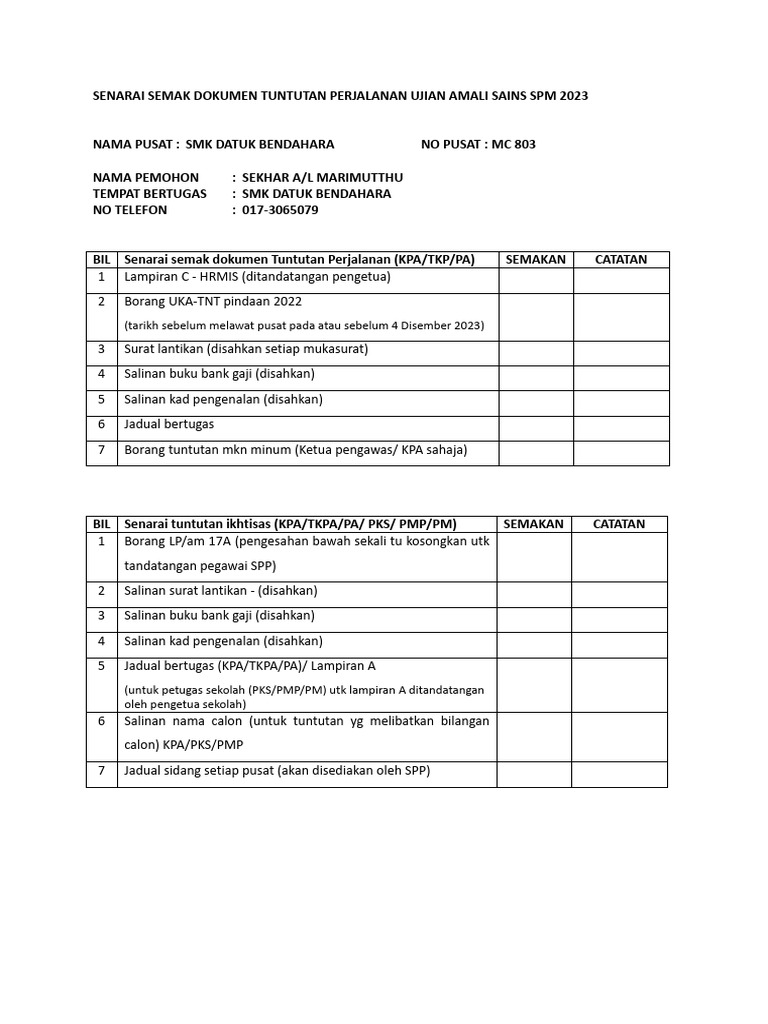 Senarai - Semak - Dokumen - Tuntutan - Perjalanan - Ujian - Amali ...