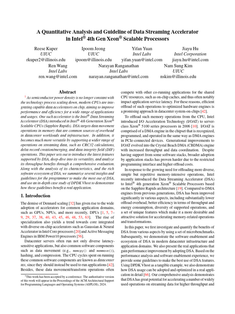 A Quantitative Analysis and Guideline of Data Streaming Accelerator DSA by Intel and UIUC | PDF