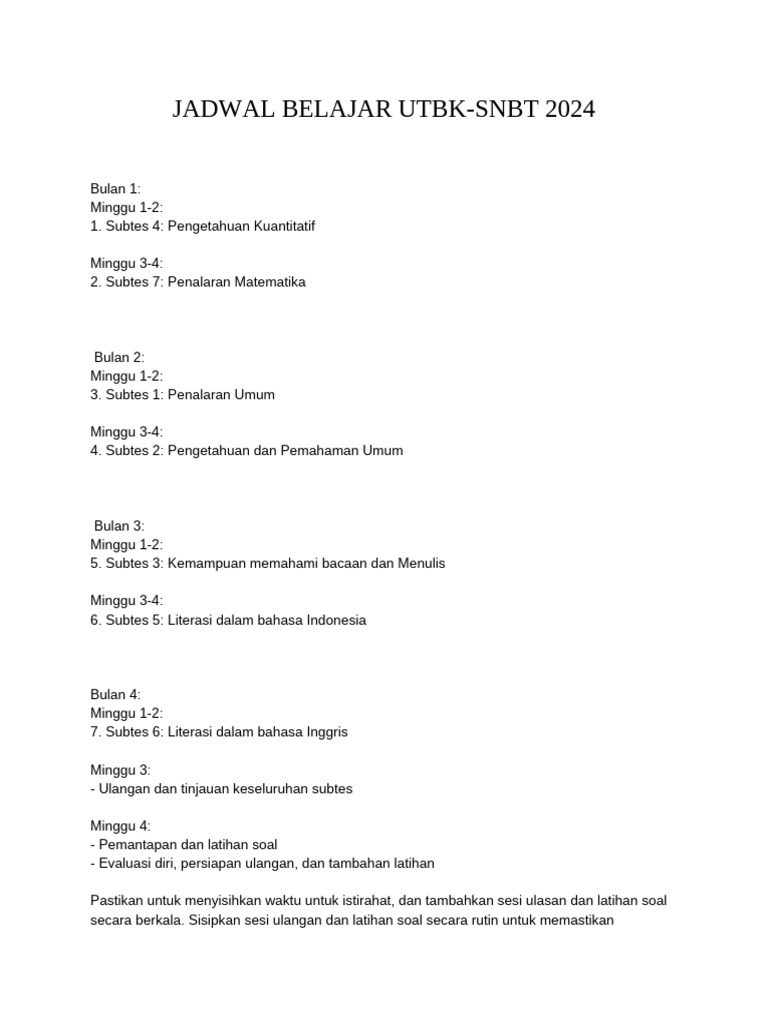 Jadwal Belajar Utbk-Snbt 2024 | PDF