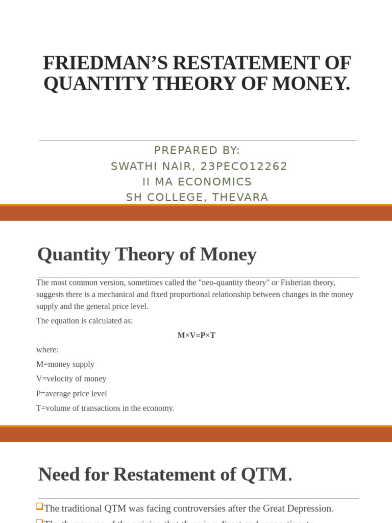 FRIEDMAN’S RESTATEMENT OF QUANTITY THEORY OF MONEY. | PDF