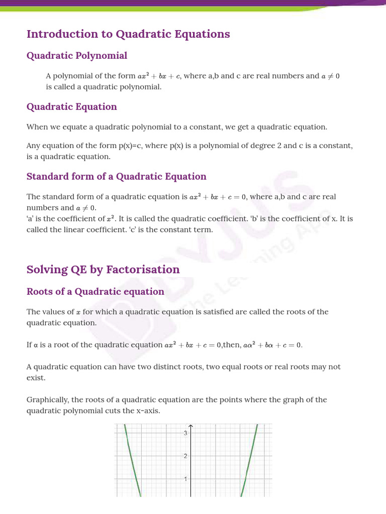 Quadratic Equation For Class 10 | PDF