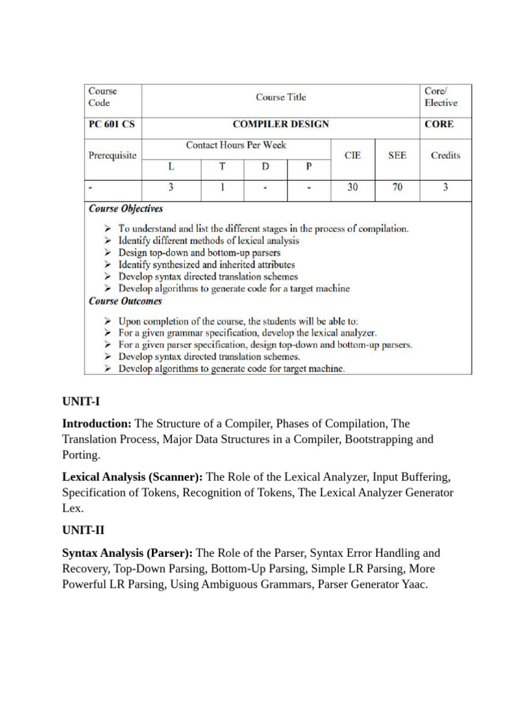 Compiler Design - Syllabus | PDF