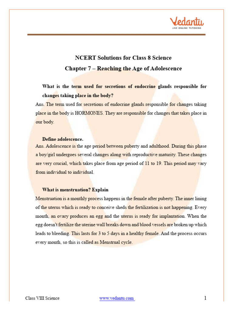 NCERT Solutions Class 8 Science Chapter 7 Reaching The Age of ...