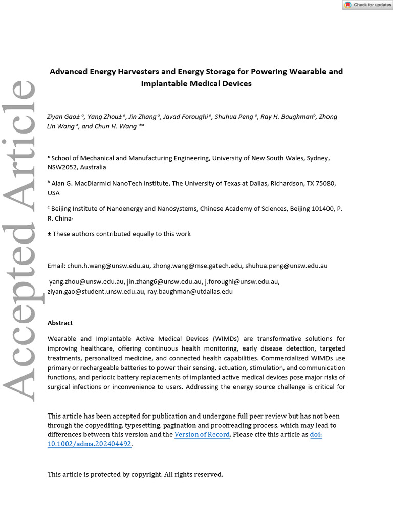 Advanced Materials - 2024 - Gao - Advanced Energy Harvesters and Energy Storage for Powering ...