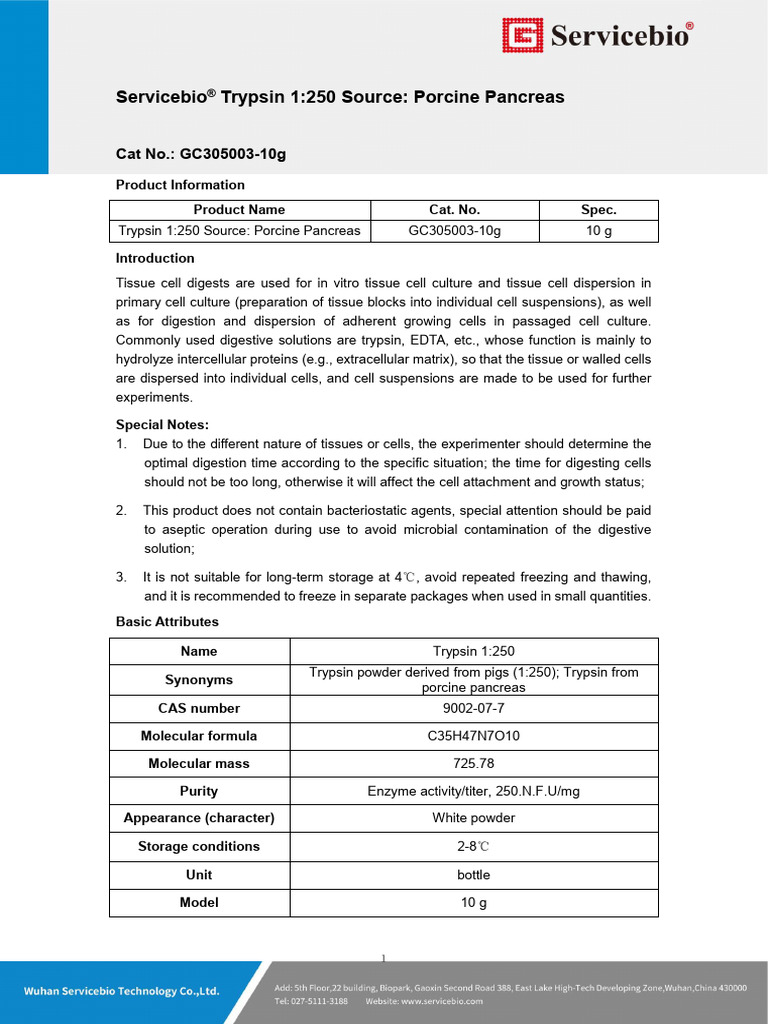 GC305003-Trypsin 1250 Source Porcine Pancreas | PDF