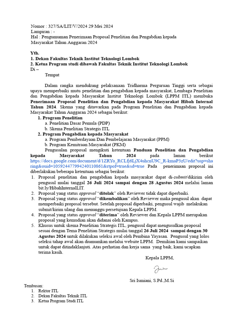 LPPM Edaran Pembukaan Proposal Hibah | PDF