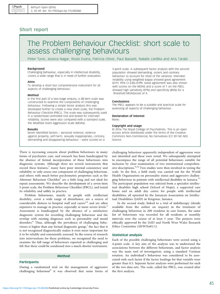 The Problem Behaviour Checklist Short Scale To Assess Challenging ...