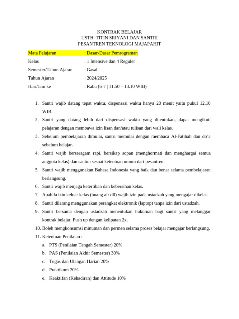 Kontrak Belajar - Dasar Dasar Pemrograman | PDF Kontrak Belajar - Dasar Dasar Pemrograman | PDF
