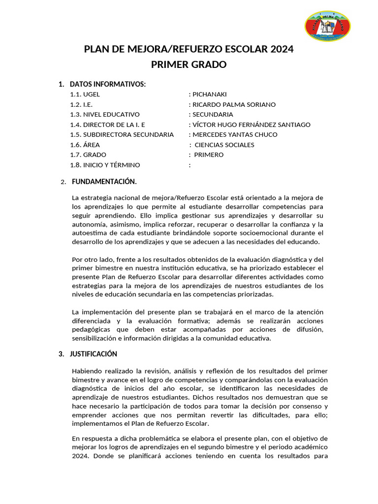 Plan De Mejora Refuerzo Escolar 2024 Primero Pdf