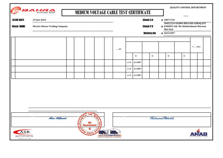 MV Cable Test Certificate - 40232907 | PDF