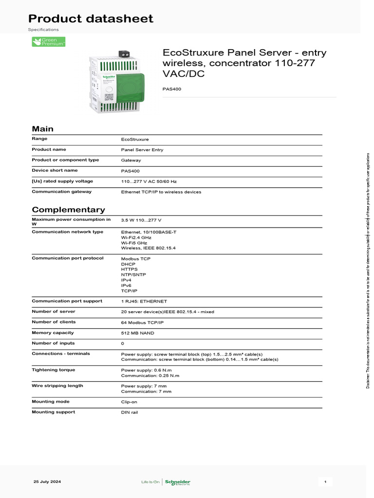 Schneider Electric - EcoStruxure-Panel-Server - PAS400 | PDF