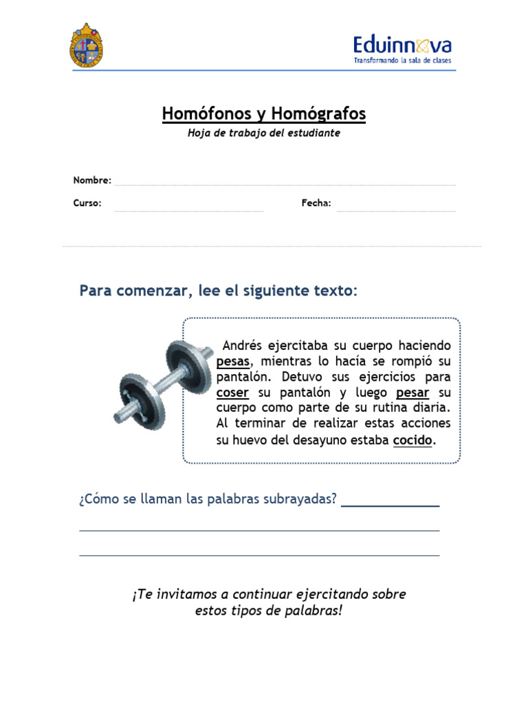 03a Hoja de Trabajo - Estudiante - Homófonos y Homógrafos | PDF