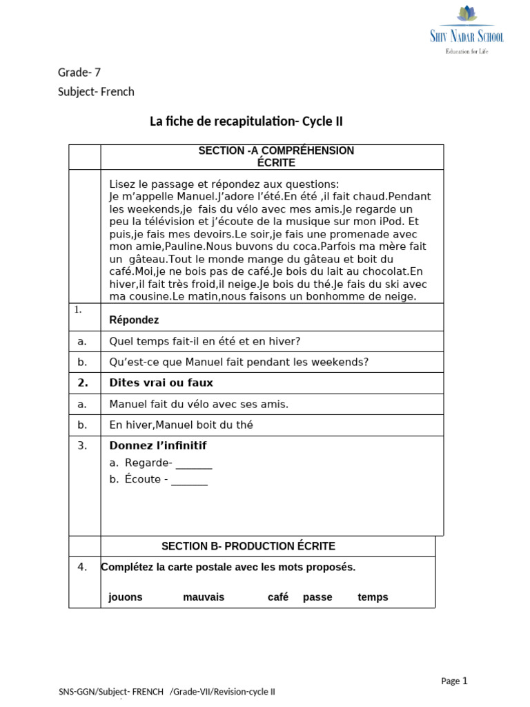 Assessment Cycle II - Revision Sheet | PDF