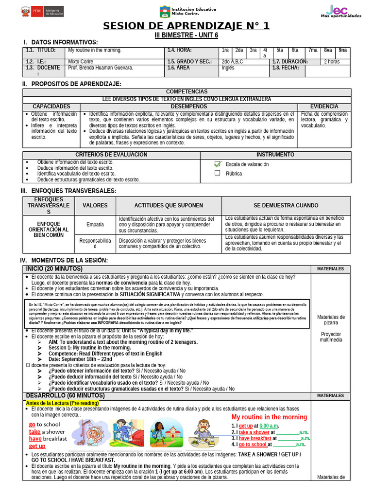 Sesion de Aprendizaje N°1 - 2023 - Ciclo Vi - Unit 6 | PDF | Aprendizaje | Sicología