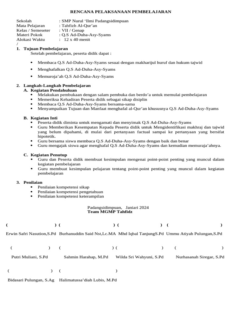 RPP Tahfidz Kls 7 Genap | PDF