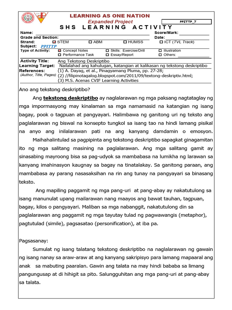 Ang Tekstong Deskriptibo | PDF