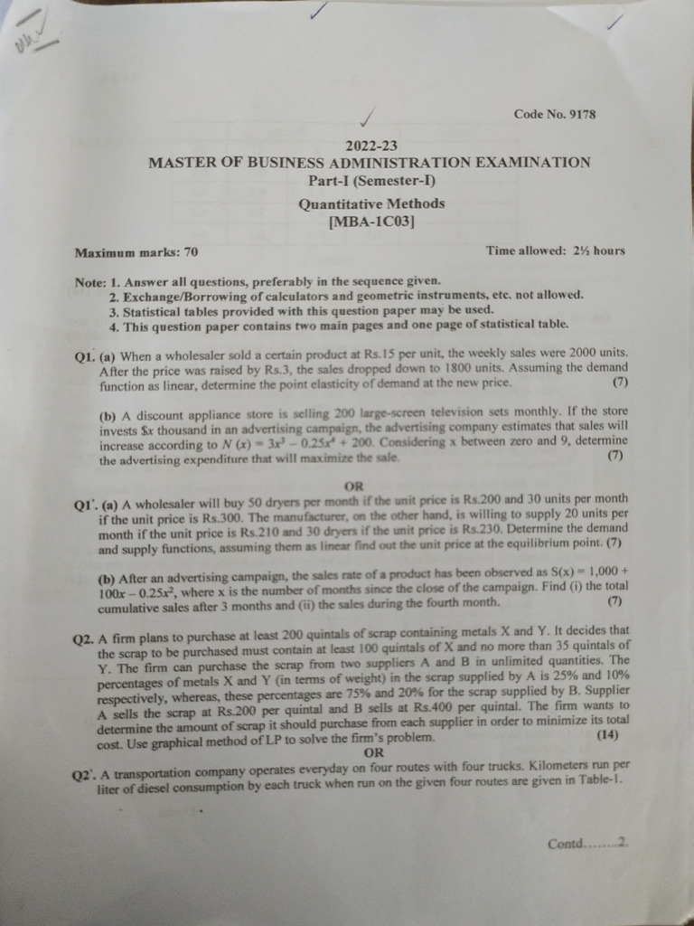 MBA Quantitative Methods Exam Paper | PDF | Demand | Prices
