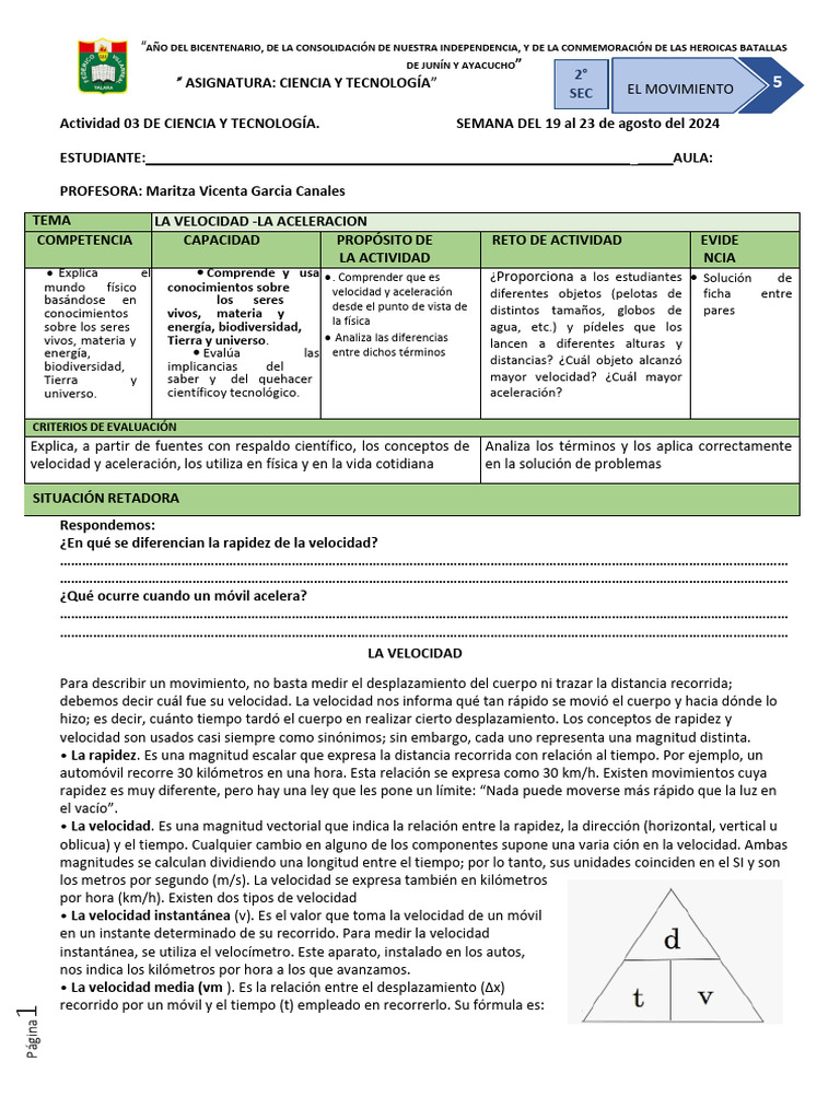 Actividad #03 de 2do Grado Unidad #05 Velocidad y Aceleracion | PDF