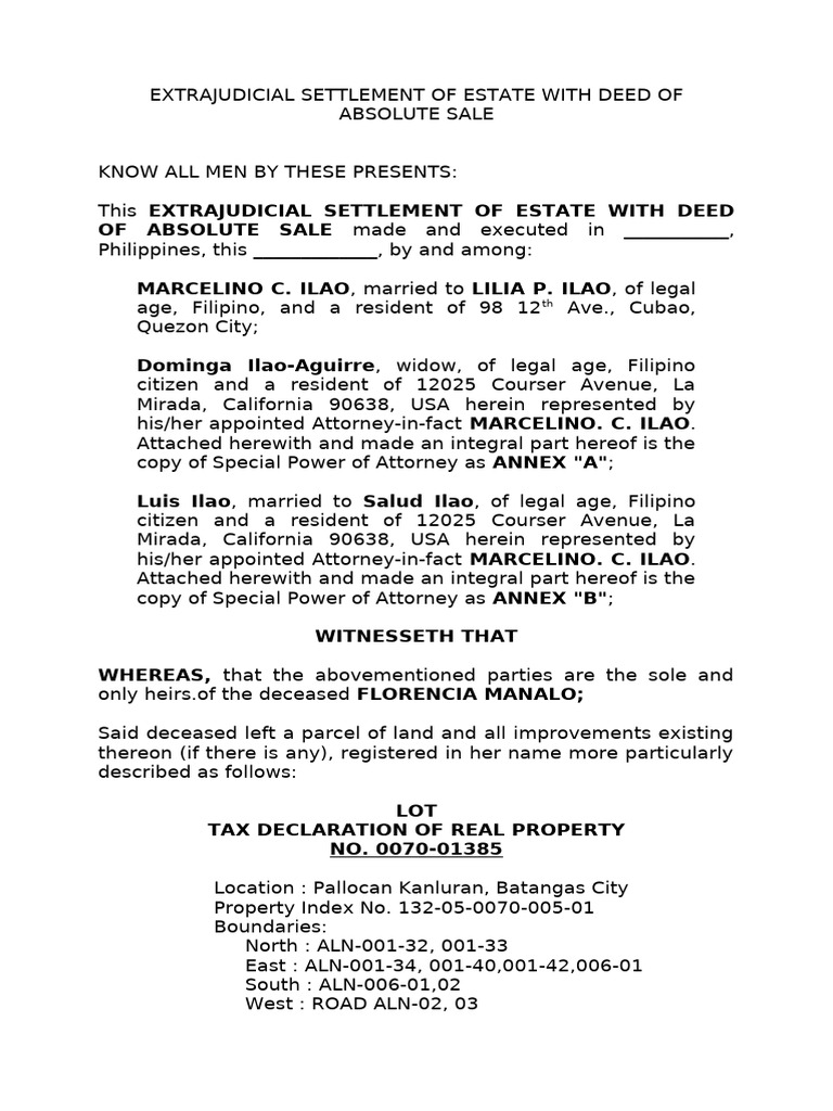 Extrajudicial Settlement of Estate With Deed of Absolute Sale New | PDF