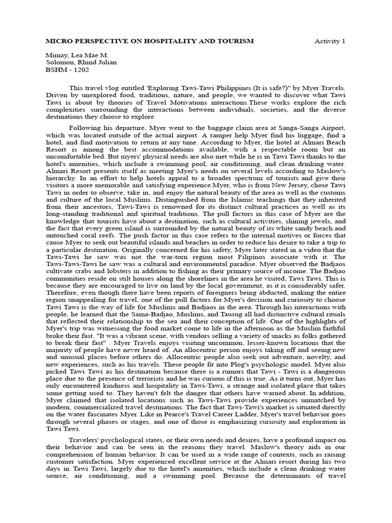 Micro Perspective On Hospitality and Tourism Activity 1 1 | PDF