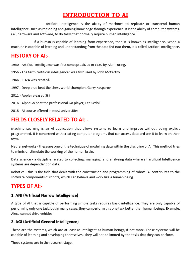 INTRODUCTION TO AI CLS-IX Notes | PDF