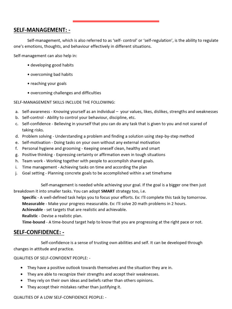 Self-Management Class X Notes | PDF