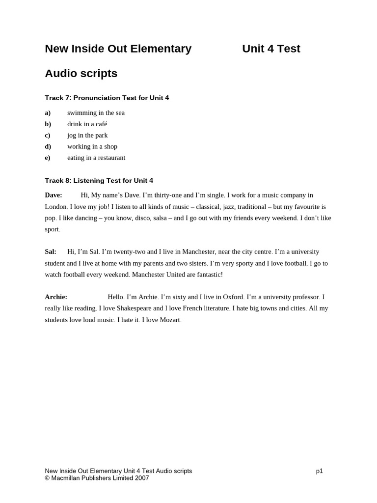 Unit 4 Test Audio scripts | PDF