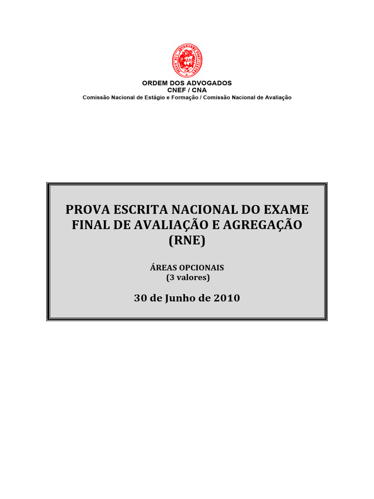 Prova Escrita Nacional de Áreas Opcionais - Junho 2010 | PDF
