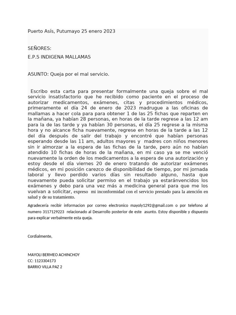 Ejemplo de Carta para Entrega de Quejas A Servicios Salud Esp | PDF