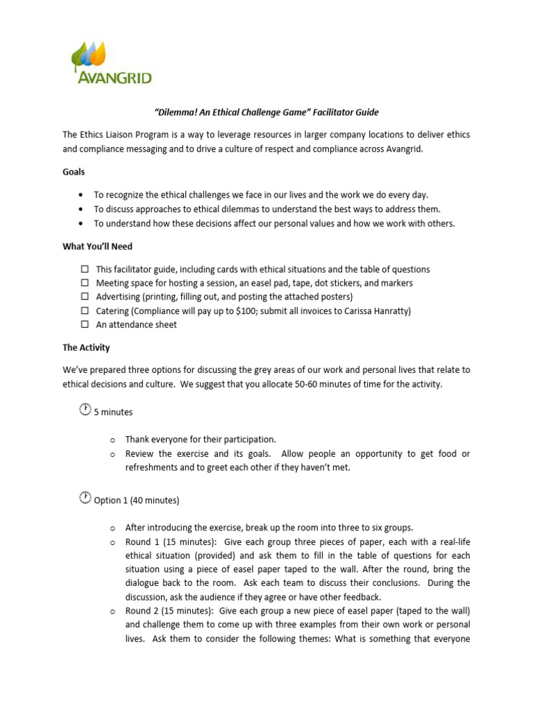 Avangrid Dilemma Ethics Game Facilitator Guide and Participant Handout ...
