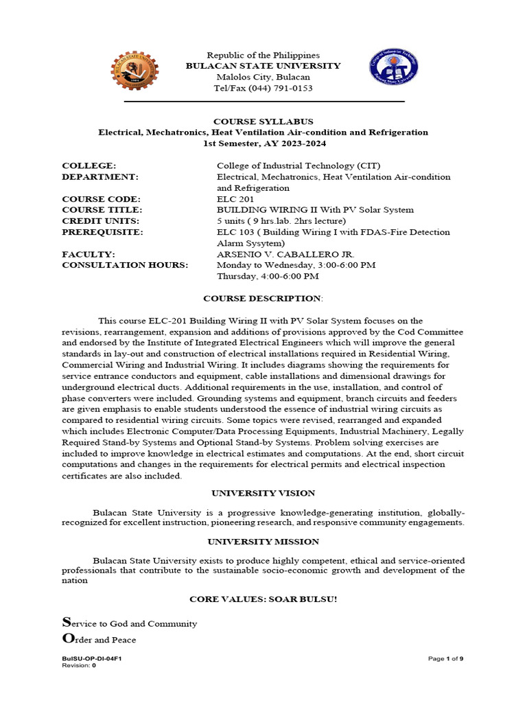Elc 201 Building Wiring II With PV Solar Syatem | PDF