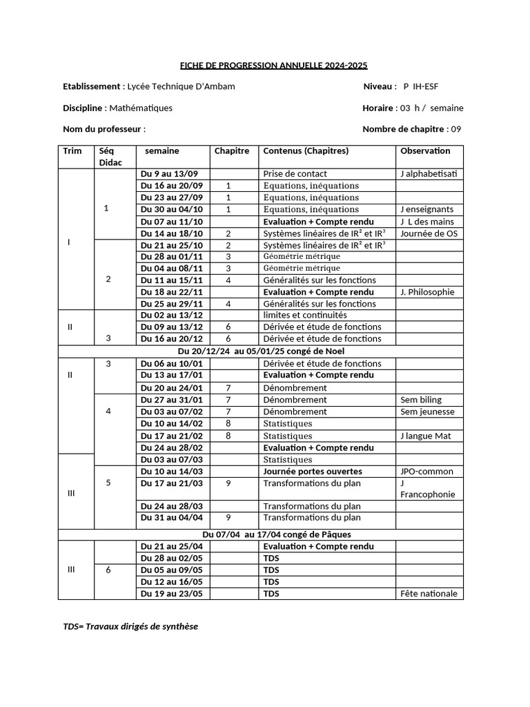 Fiche de Progression Annuelle Première Ih-Esf | PDF