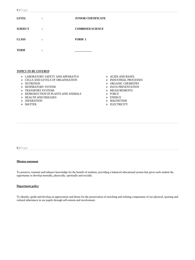 Schemes of Work Form 1 Combined Science-1 | PDF