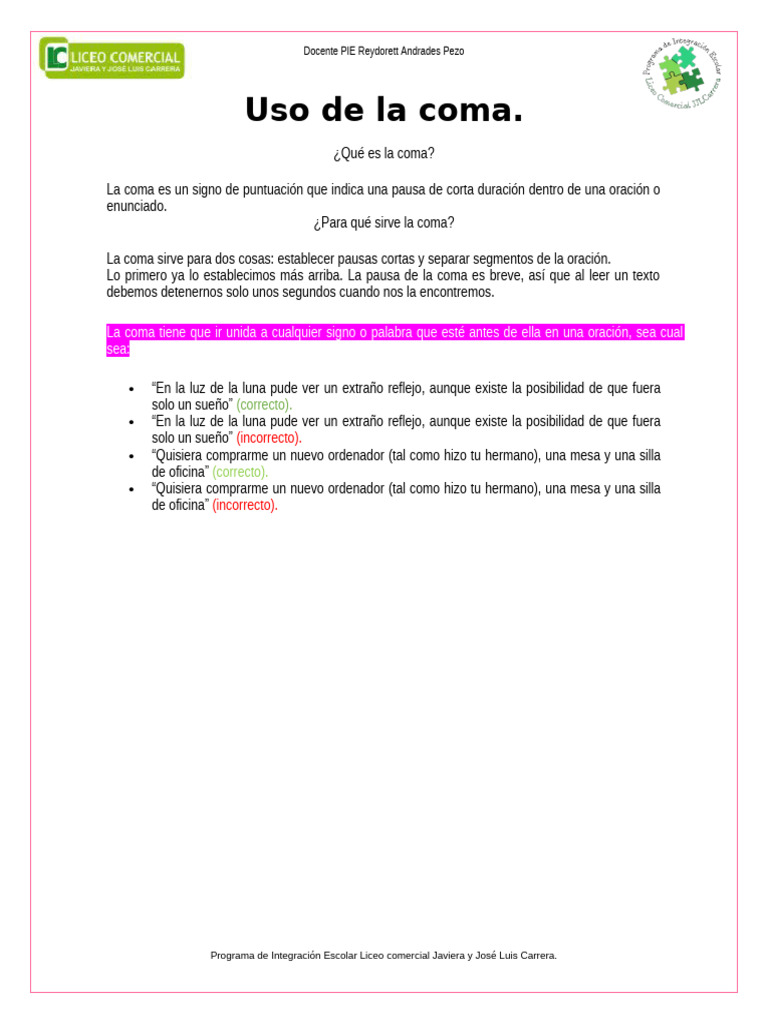 Uso de La Coma | PDF