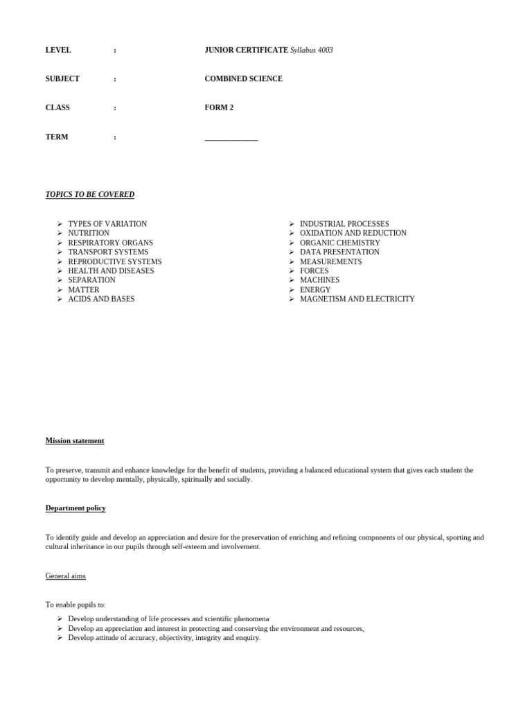 Schemes of Work Form 2 Combined Science - 111708 | PDF