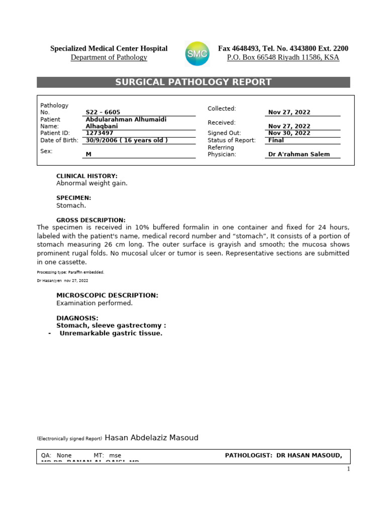 Surgical Pathology Report: Department of Pathology P.O. Box 66548 ...