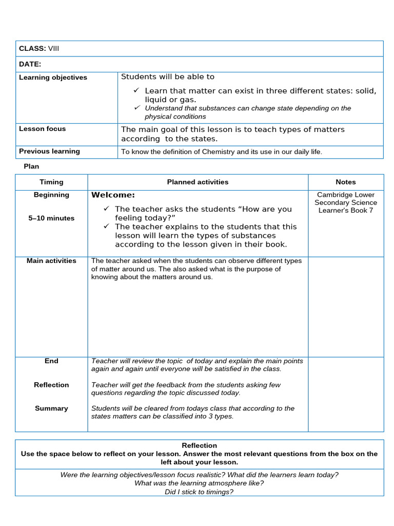 Lesson Plan For Grade 8 | PDF