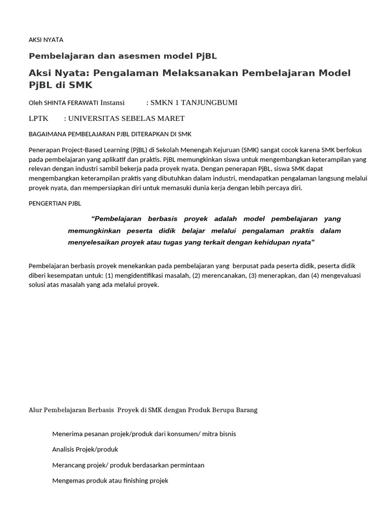 AKSI NYATA PEMBELAJARAN MODEL PJBL | PDF