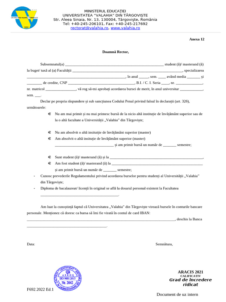 Anexa - 12 - Cerere - Bursa - Merit 2 | PDF