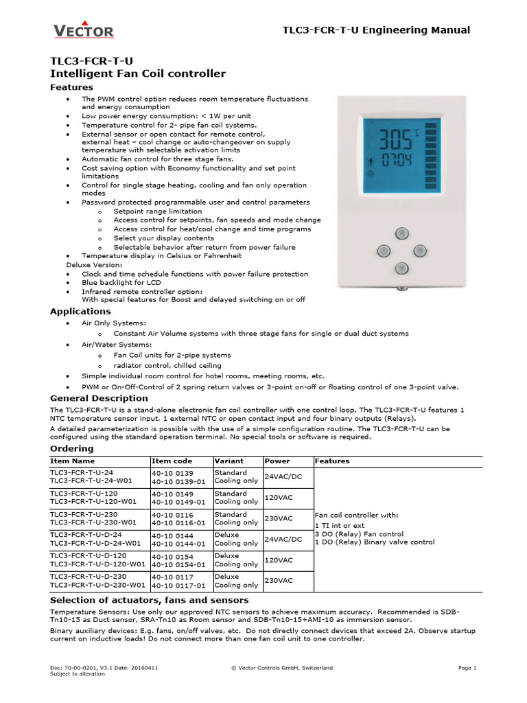 TLC3-FCR-T-U Intelligent Fan Coil Controller: Features | PDF