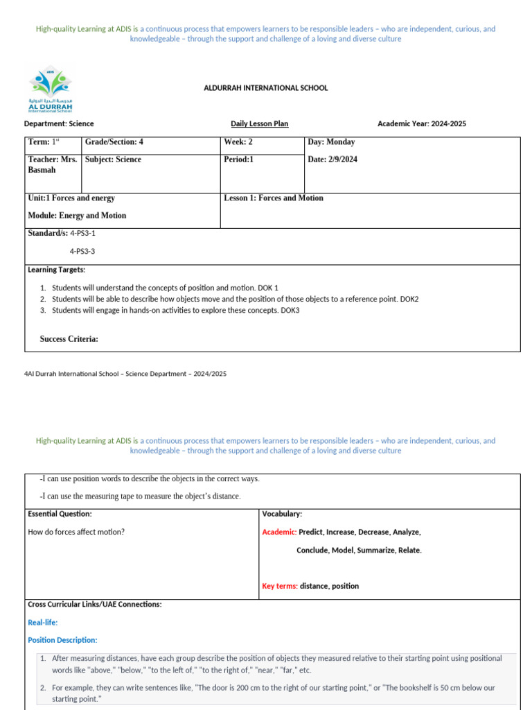 Force and Motion - Lesson Plan | PDF